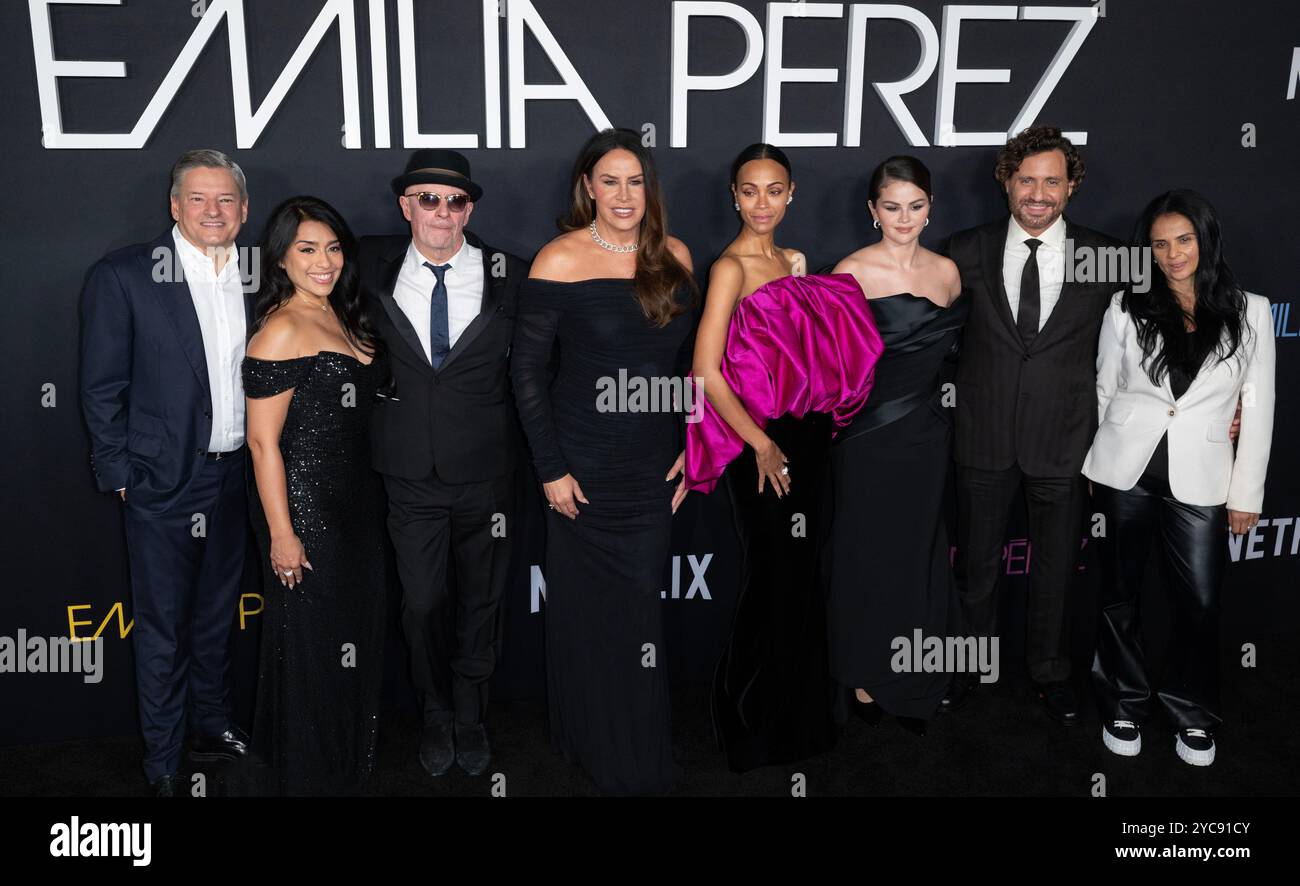 LOS ANGELES, CA. October 21, 2024: Ted Sarandos, Adriana Paz, Jacques Audiard, Karla Sofia ...