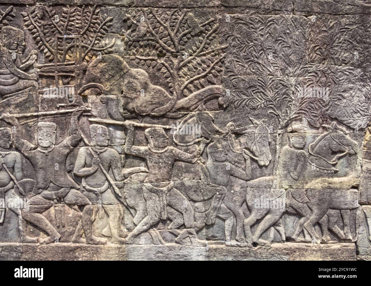 'Khmer army on the march', a scene from a gallery of the Bayon temple ...