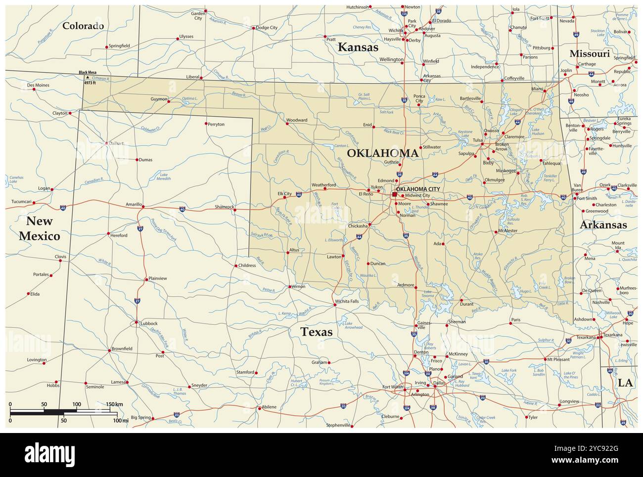 Vector road map of the US state of Oklahoma Stock Photo - Alamy