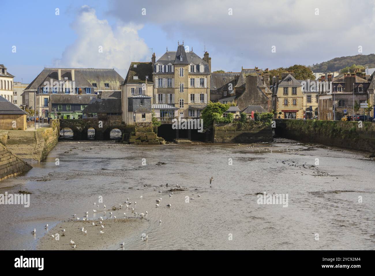 Historic inhabited bridge Pont habite over the river Elorn, which marks ...
