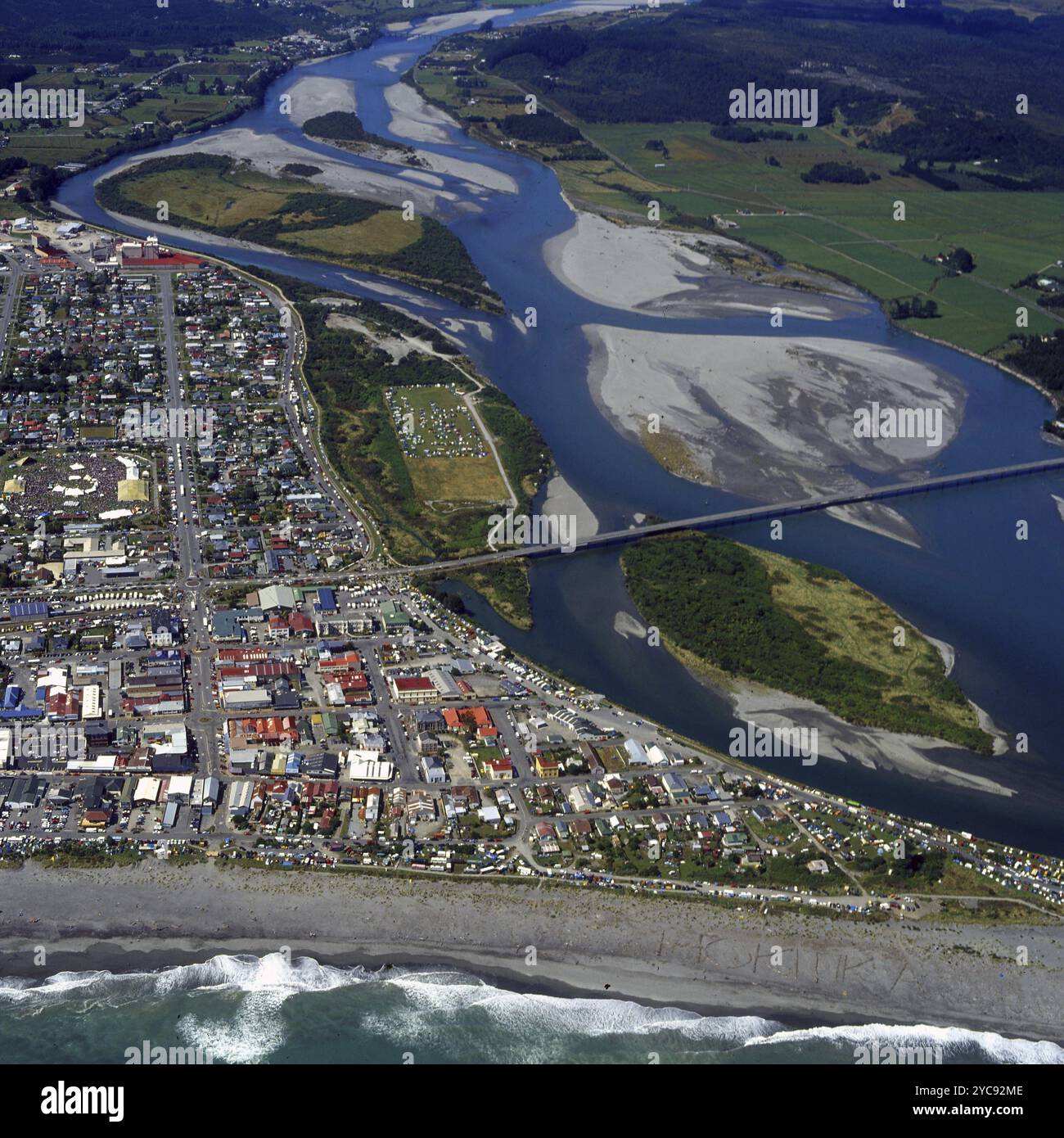 Aerial of visitors at the Wildfoods Festival, Hokitika, New Zealand ...
