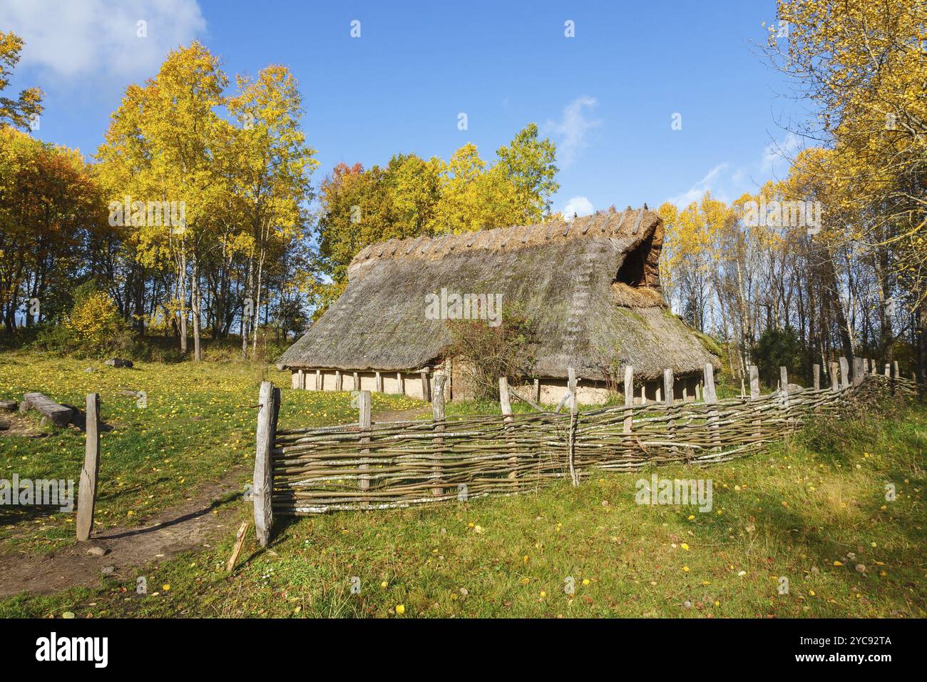 Bronze Age Longhouse on a meadow with a branch fence Stock Photo - Alamy