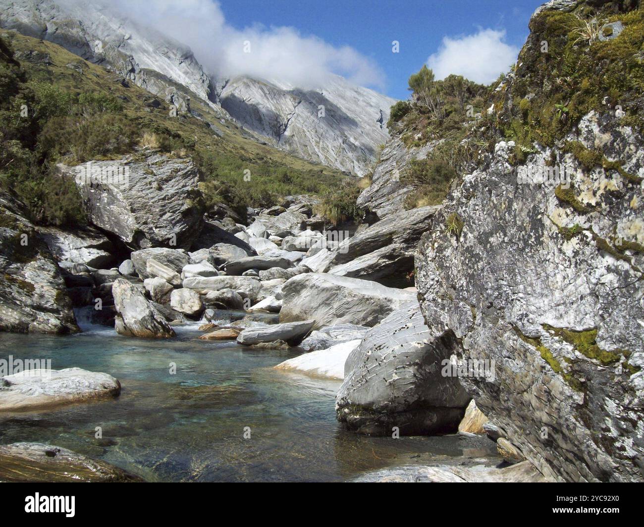 Snow-fed stream runs through the alpine peaks of the Southern Alps ...