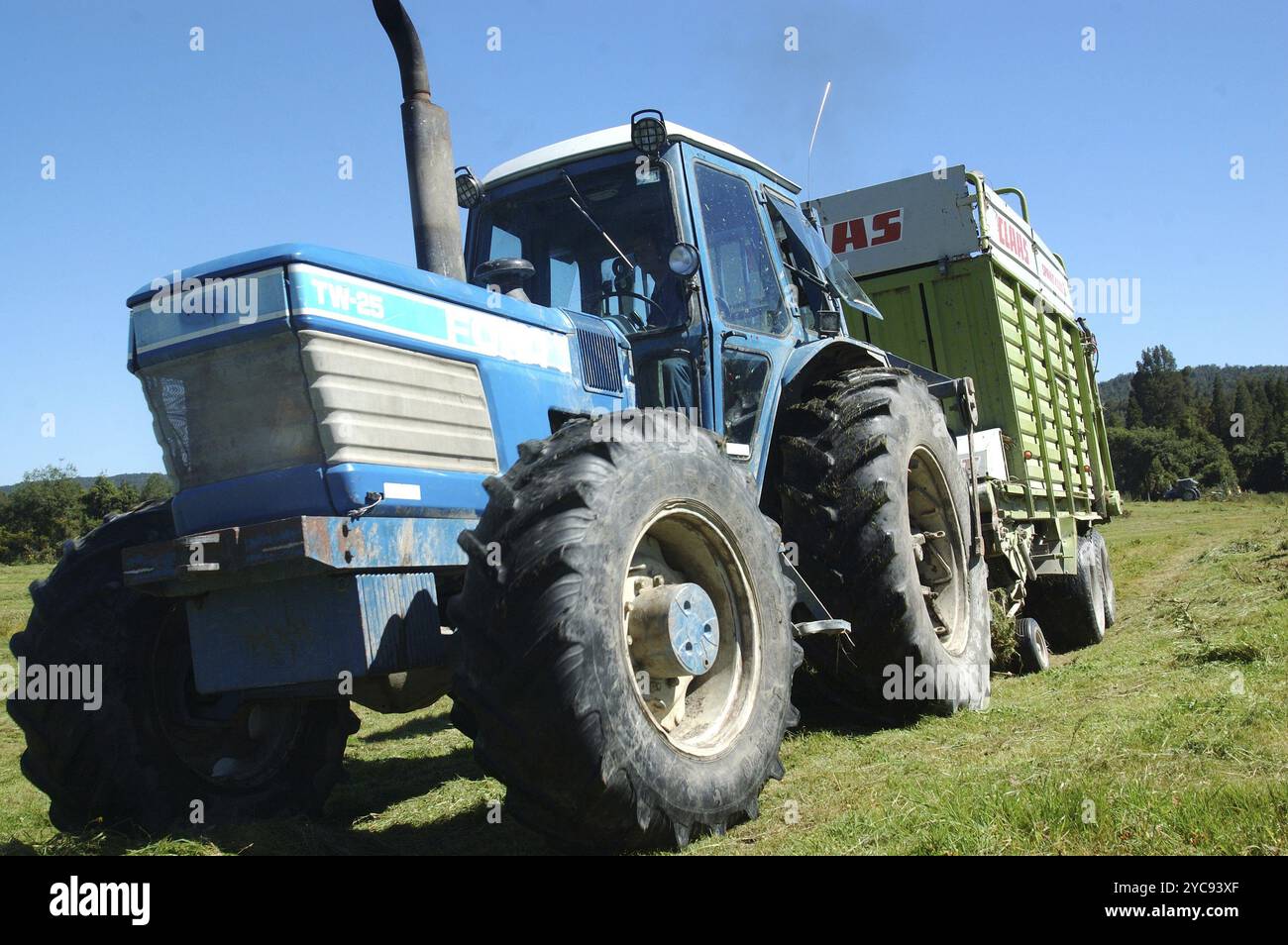 Greymouth, New Zealand circa 2008: Tractor picking up mown pasture in ...