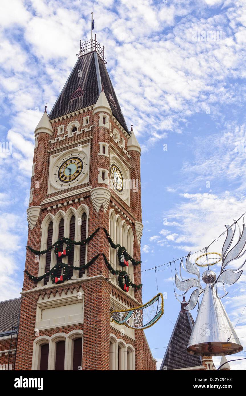 Clock tower of the Town Hall with Christmas decoration, Perth, WA ...