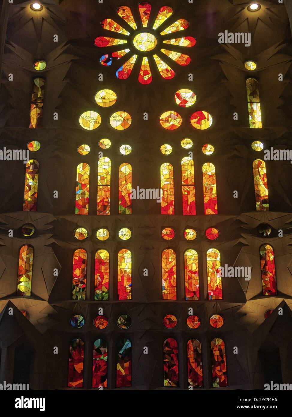 Colourful stained glass windows in the La Sagrada Familia, Barcelona ...