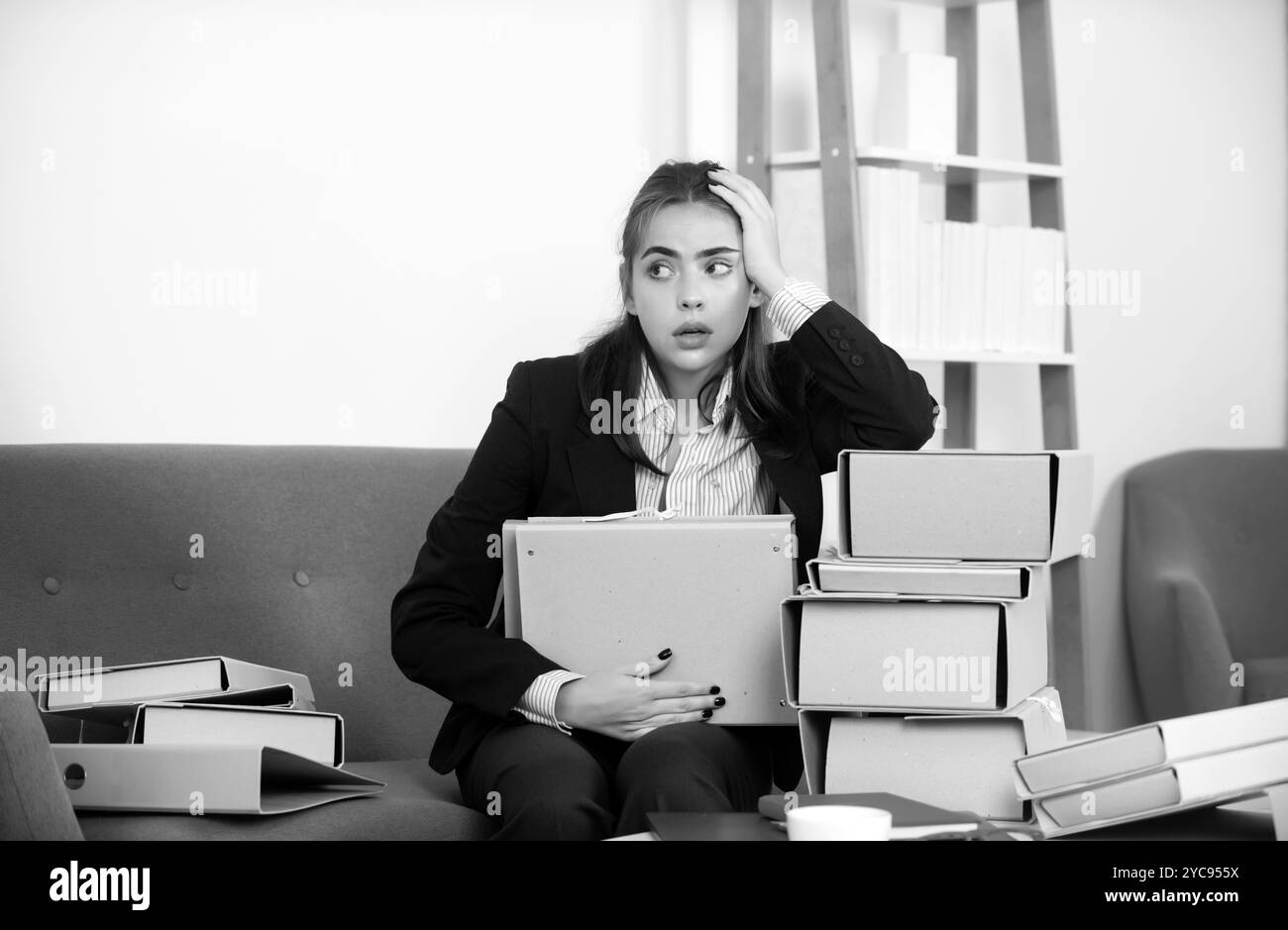 Busy business woman with many folders of documents, secretary girl ...