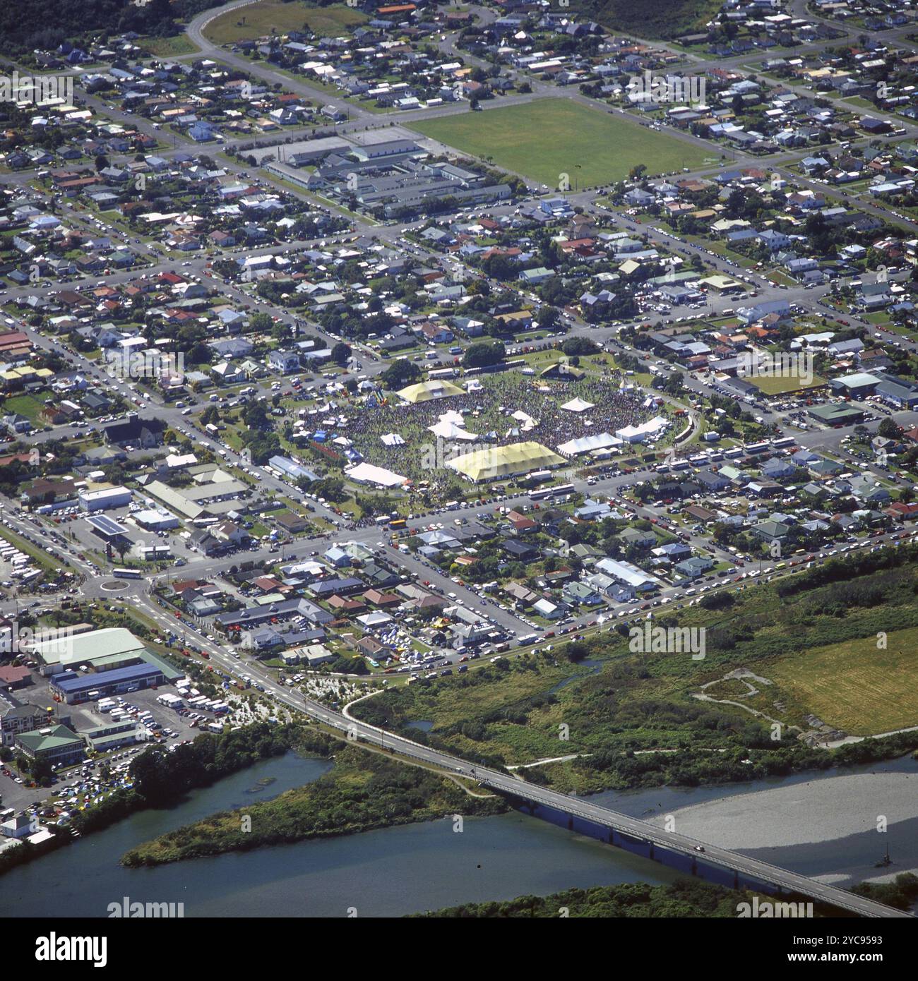 Aerial of visitors at the Wildfoods Festival, Hokitika, New Zealand ...