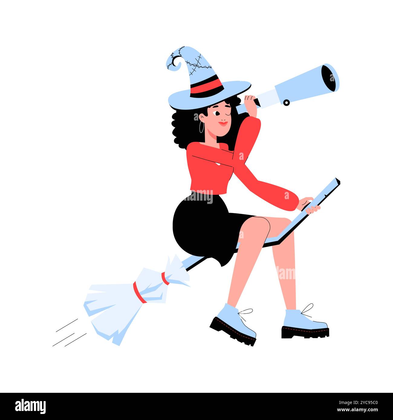Female Witch Flying On A Broomstick And Holding A Telescope Symbolizing ...