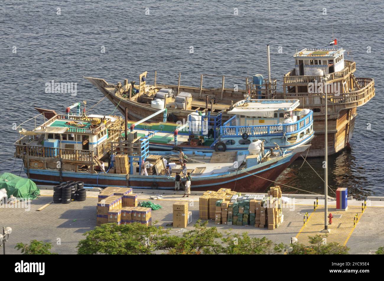 Wooden dhow cargo boats loaded with merchandise on Dubai Creek, United ...