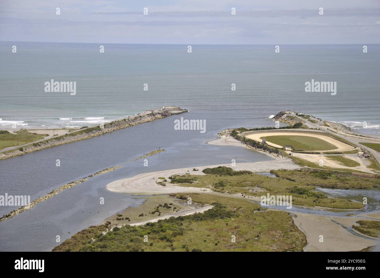 Aerial of the mouth of the Grey River, West Coast, South Island, New ...