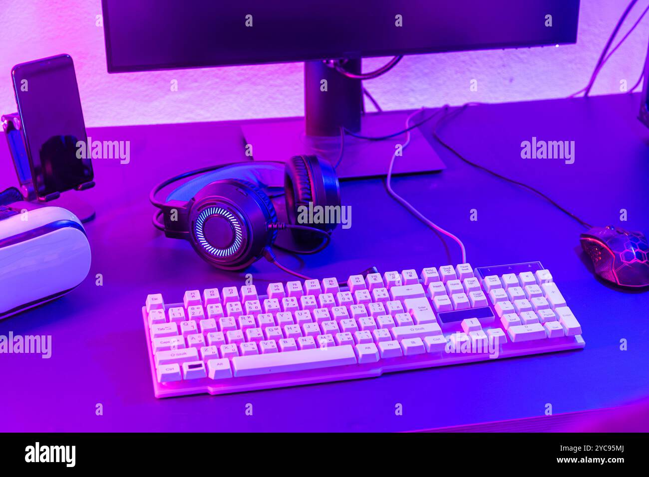 Close up gamer work space gaming set up modern equipment on desk ...