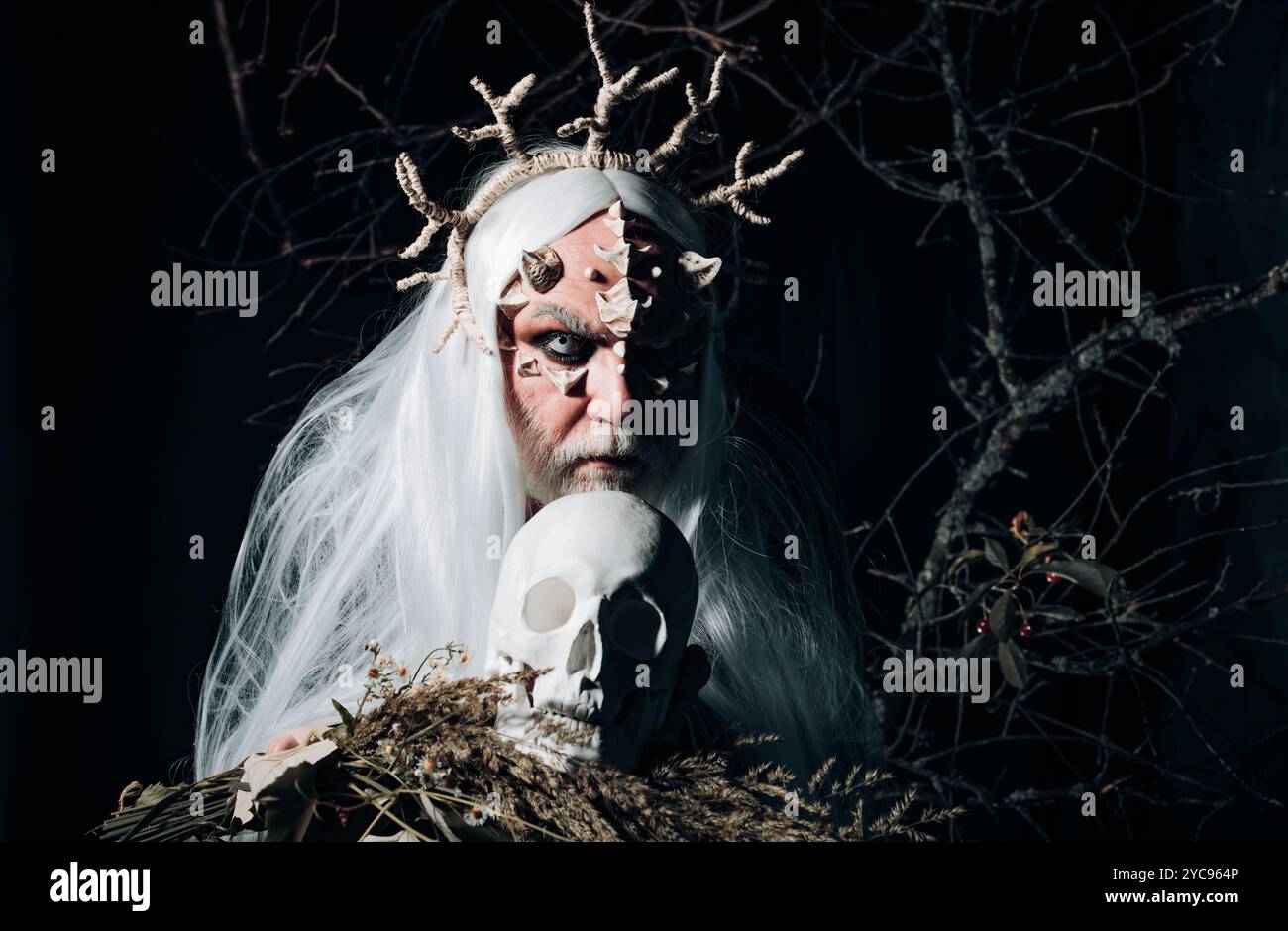 Wizard demon man with dragon skin and horns. Ancient alchemy. Monster ...