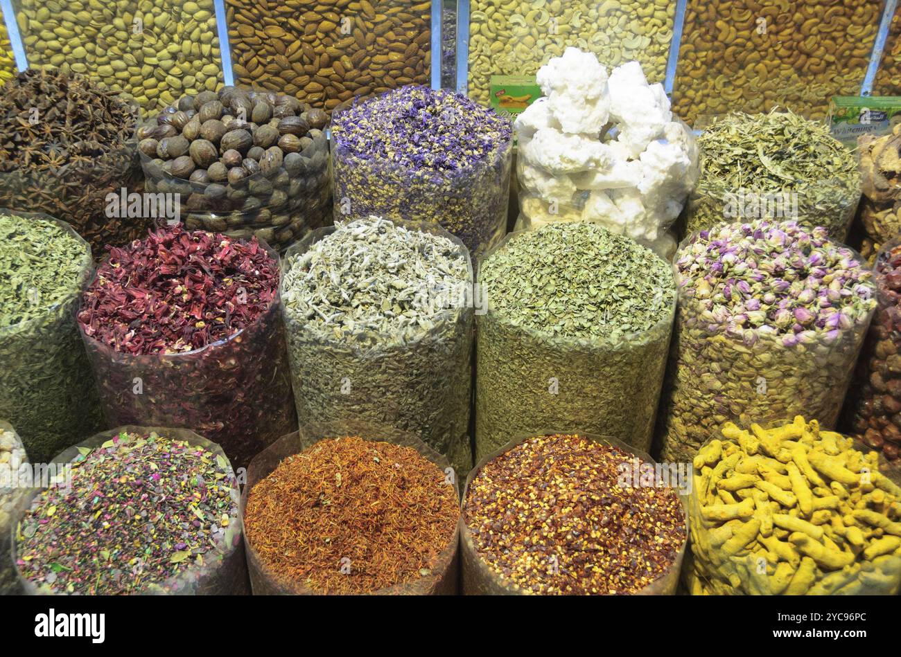 Bags of colorful spices in the Deira Spice Souk, Dubai, United Arab ...