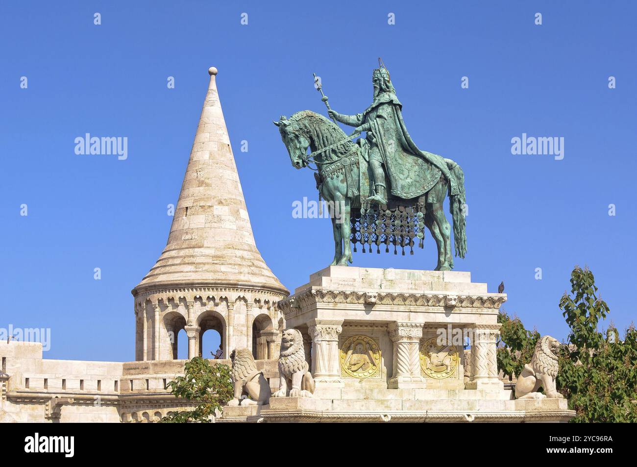 The bronze statue of St. Stephen on the Fisherman's Bastion in Budapest ...