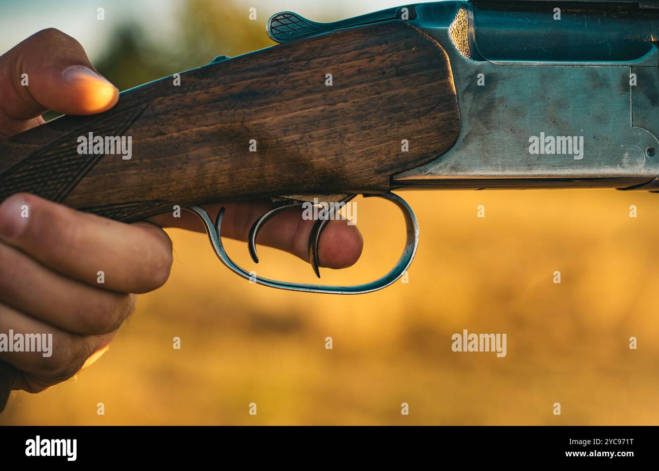 Pulled the trigger of the shotgun. Hunter with shotgun gun on hunt ...