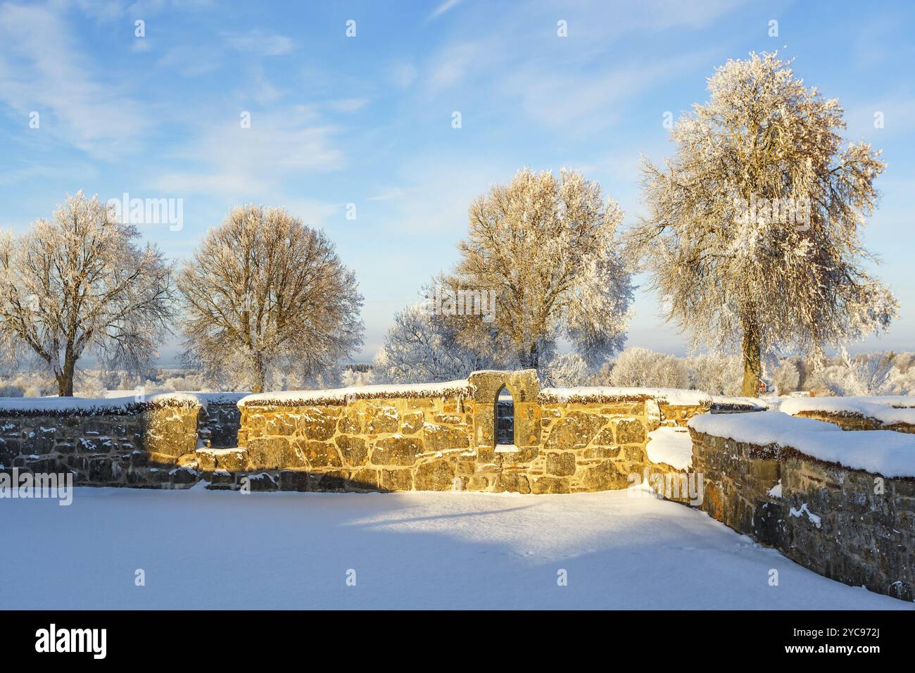 Monastery ruin with snow and frost in the landscape Stock Photo - Alamy