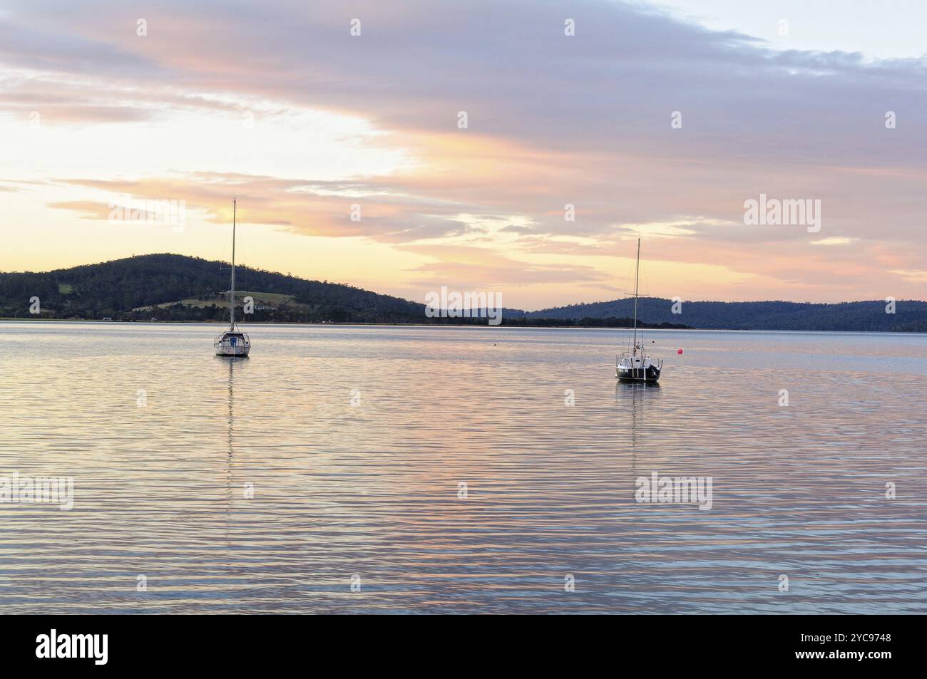 Sailing boats at anchor in Georges Bay, St Helens, Tasmania, Australia ...