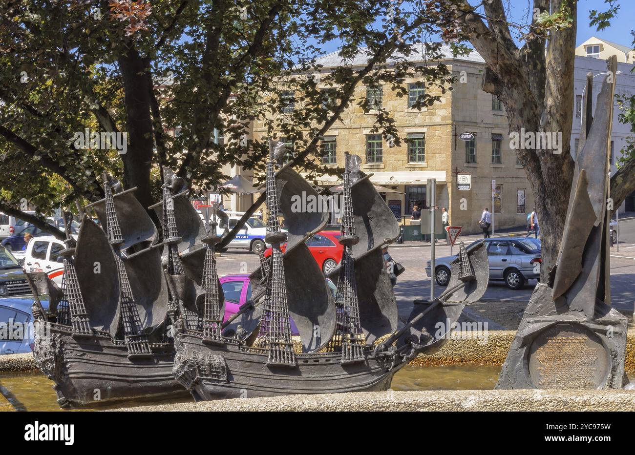 One of the three bronze ships of the Tasman Fountain, Hobart, Tasmania ...