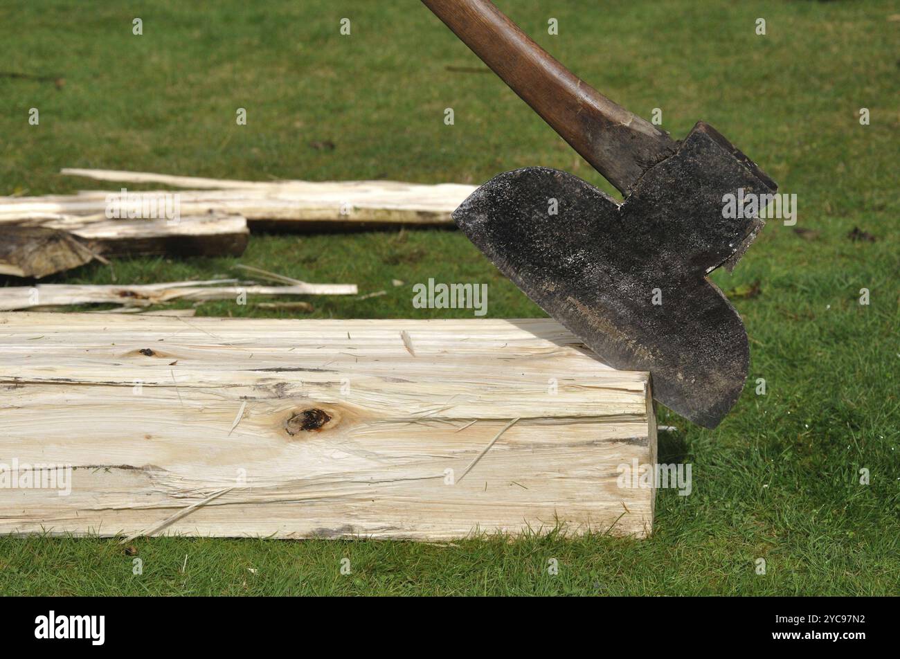 Traditional broad axe used for splitting fence posts, New Zealand ...