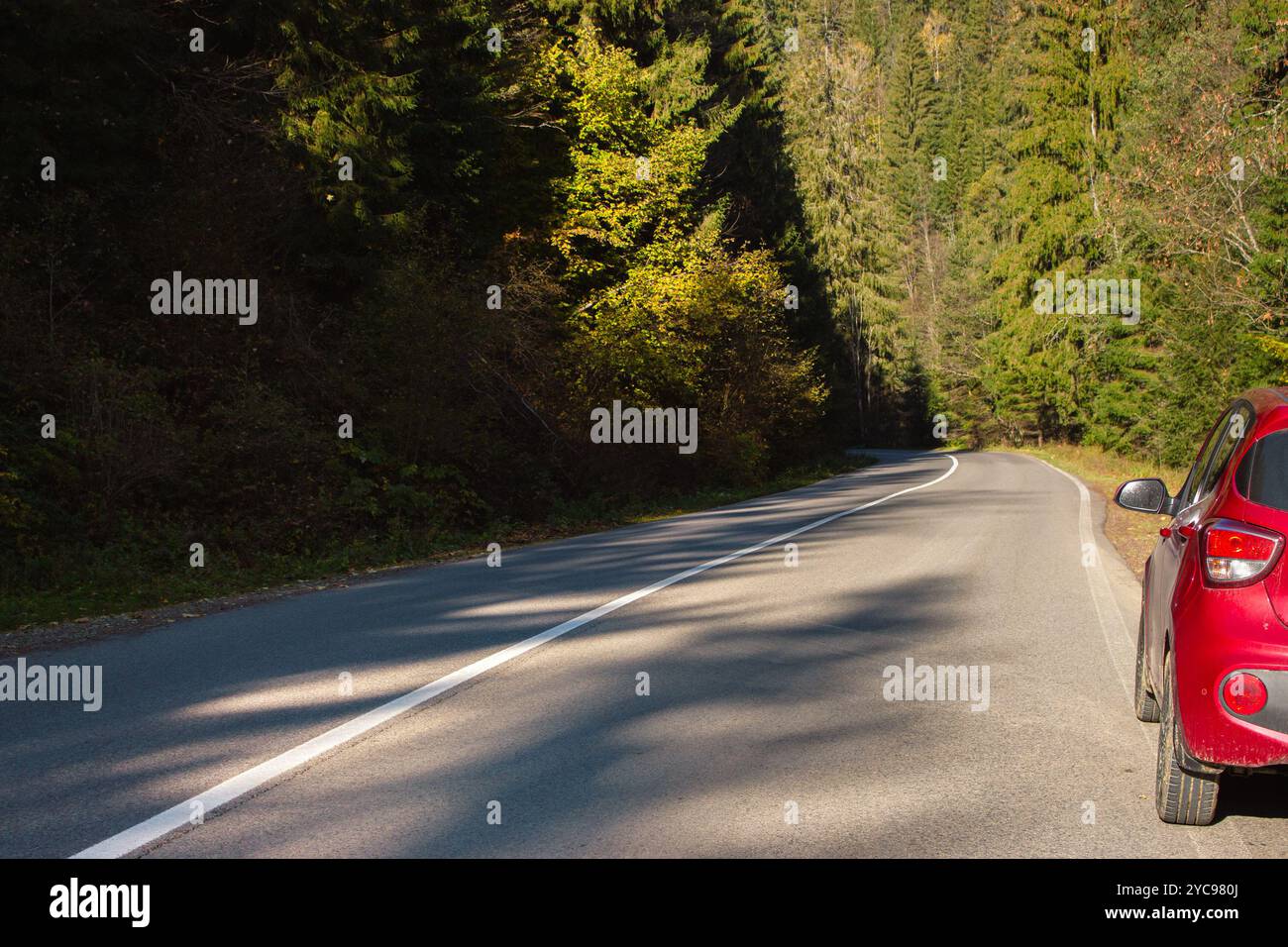 Red car with Ukrainian trident symbol on curved road in the mountains ...