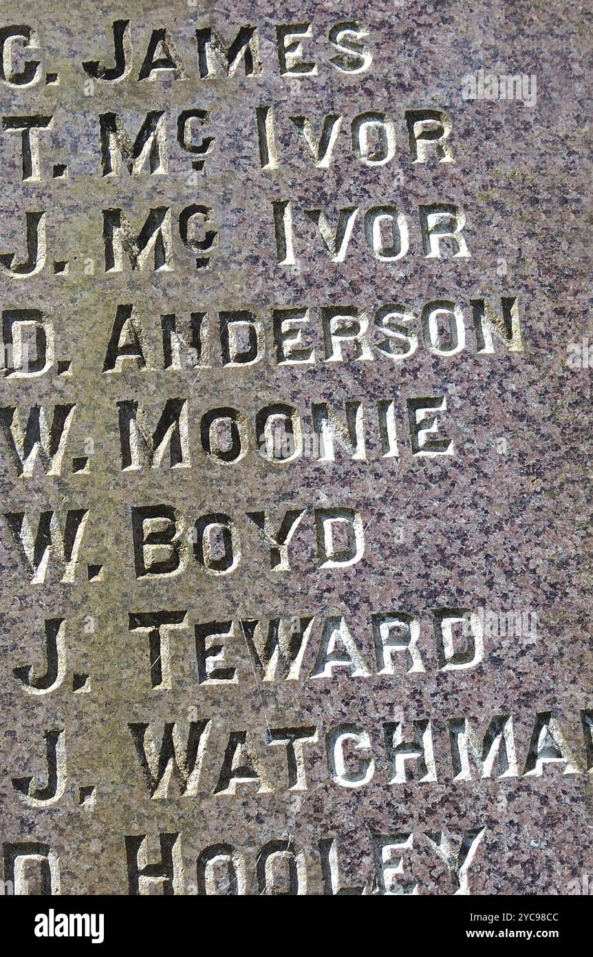 Detail of names on Memorial to 65 coal miners killed in 1896 accident ...
