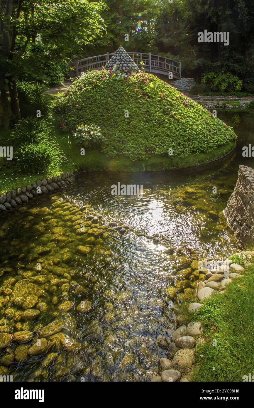Pond and hills in Japanese part of Museum of Alber Kahn in Paris in ...