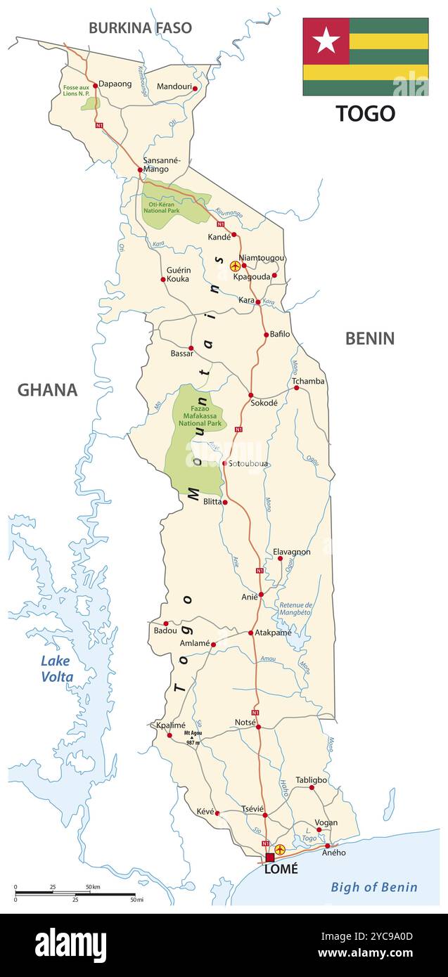 Vector road map of west african state togo with flag Stock Photo - Alamy