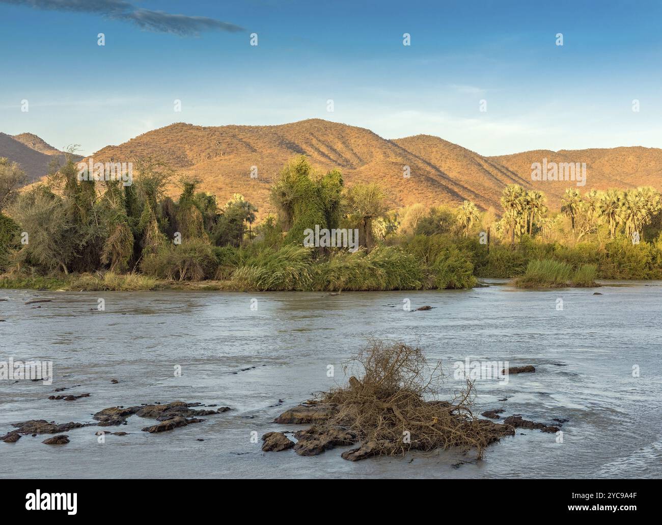 Landscape on the banks of the Kunene River, the border river between ...