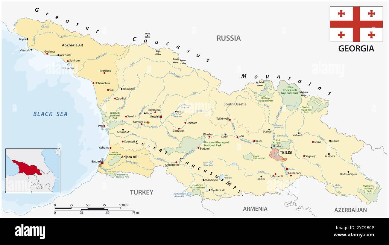 Vector map of eastern european state georgia with flag Stock Photo - Alamy