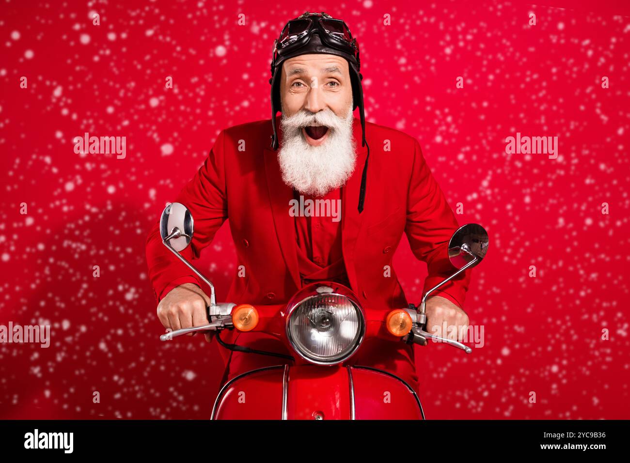 Photo of excited funky santa claus ride bike omg reaction open mouth ...
