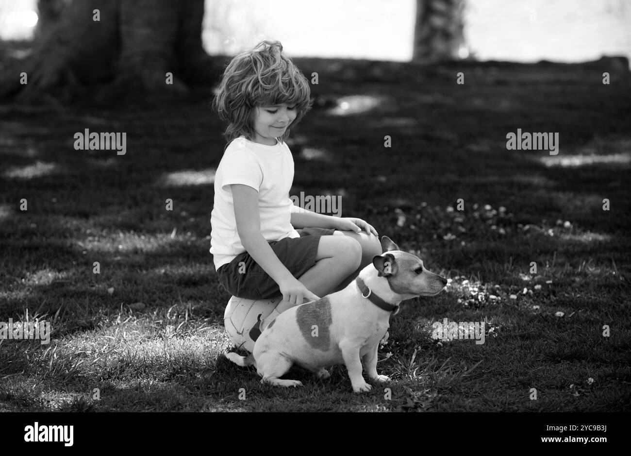 Kid caress dog. Child boy with dog walking outdoor. Kid playing with ...