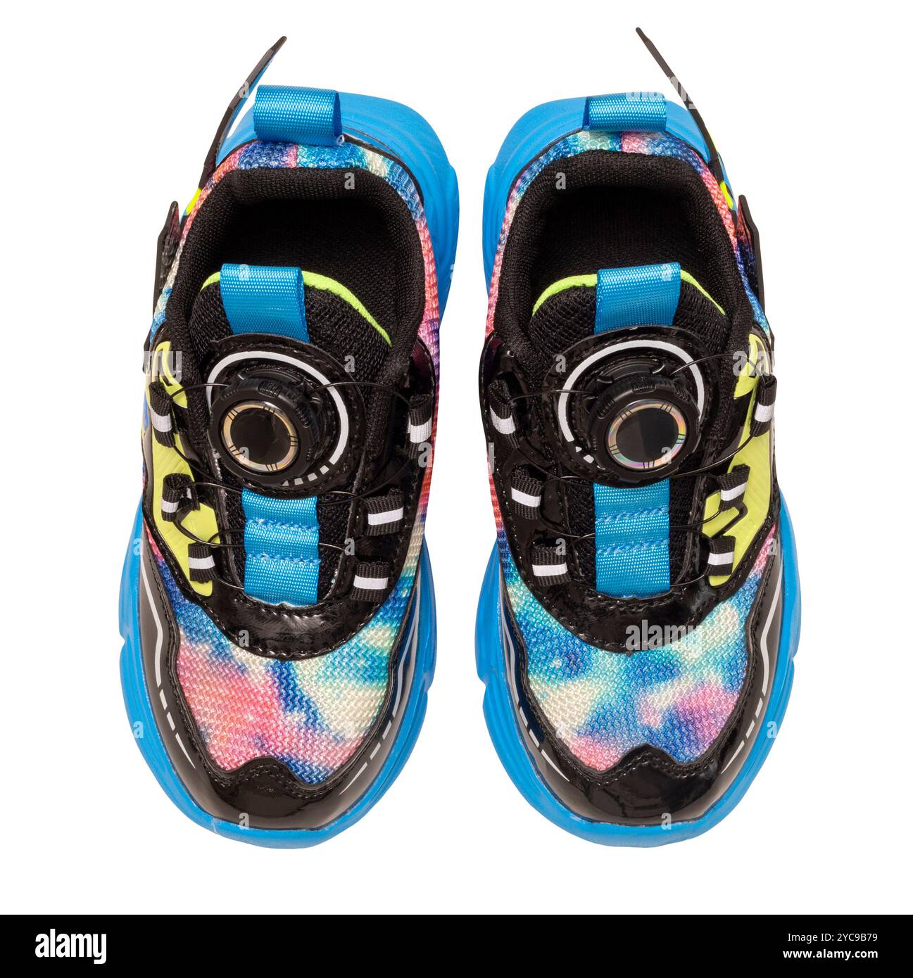 Top view of colorful kids shoes with vibrant shades, isolated on white ...