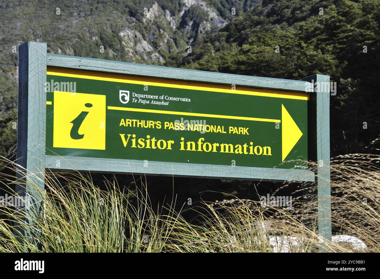 Signage for tourist information building at Arthur's Pass, South Island ...