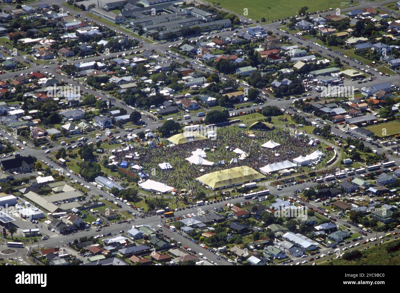 Aerial of visitors at the Wildfoods Festival, Hokitika, New Zealand ...