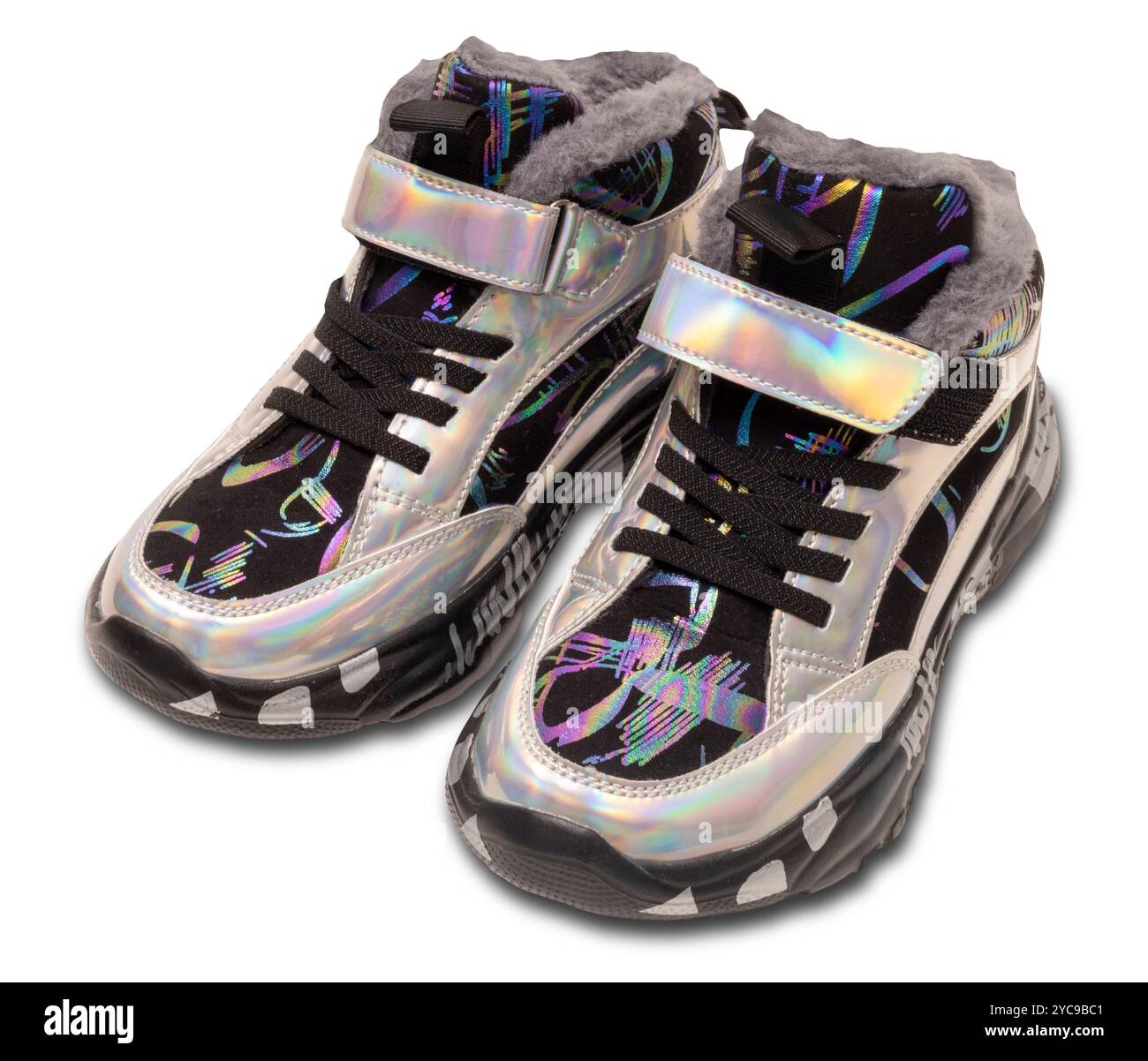 Side view of stylish kids shoes featuring metallic iridescent design ...