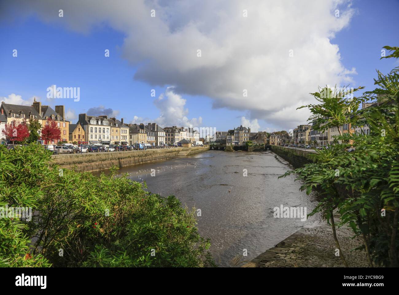 Historic inhabited bridge Pont habite over the river Elorn, which marks ...