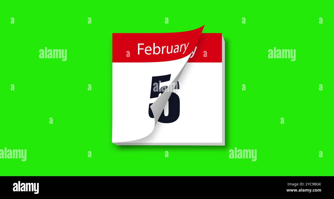 Calendar for February on green background flipping through days of month. Date change animation ...