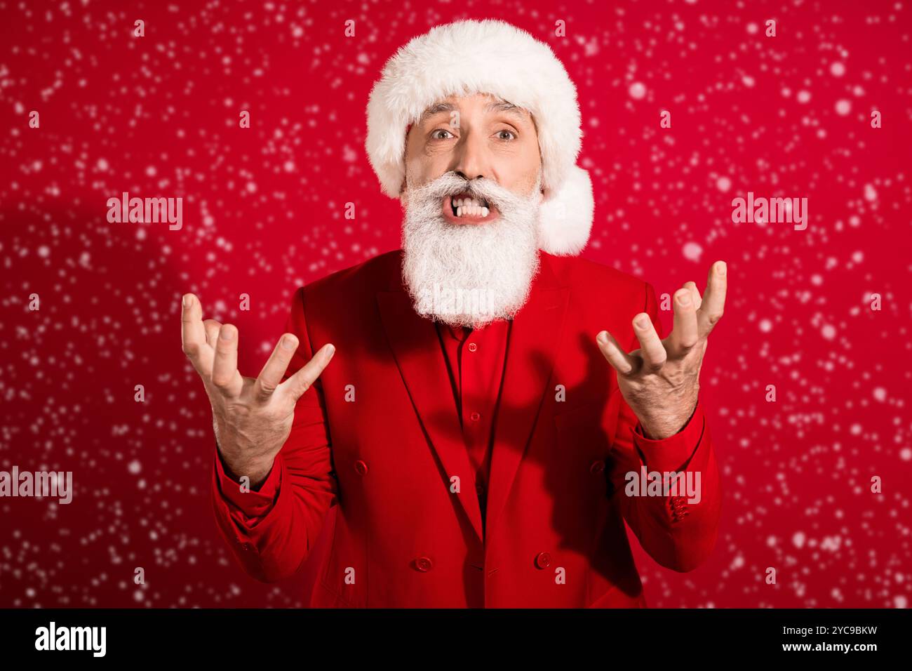 Photo of angry aggressive santa claus have employment conflict wear x ...