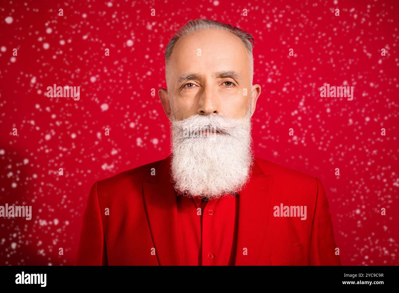 Photo of strict grey old man wear red suit isolated on red color ...