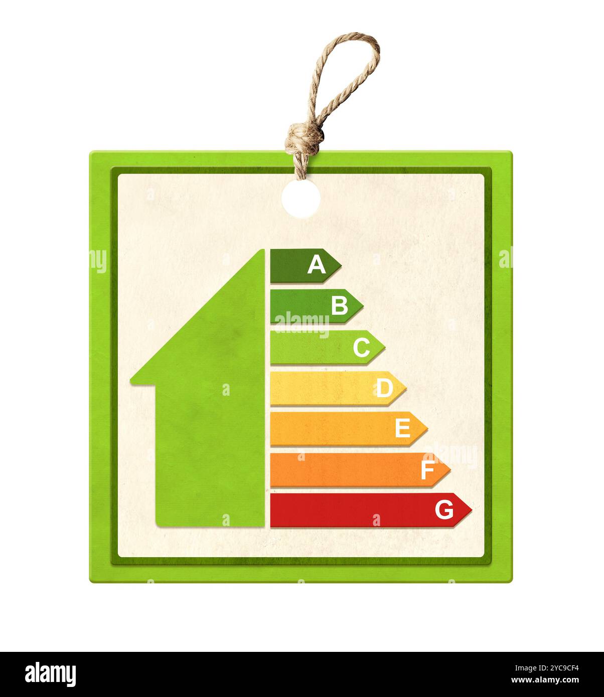 Paper cardboard label with energy efficiency chart. Retro tag with eco ...