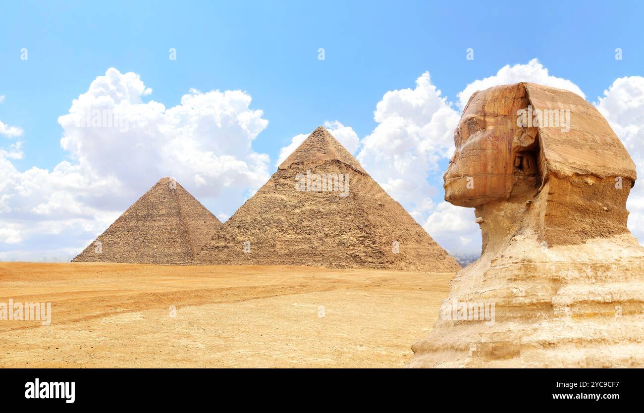 Famous Great Sphinx and pyramids of Chephren and Cheops, Cairo, Egypt ...