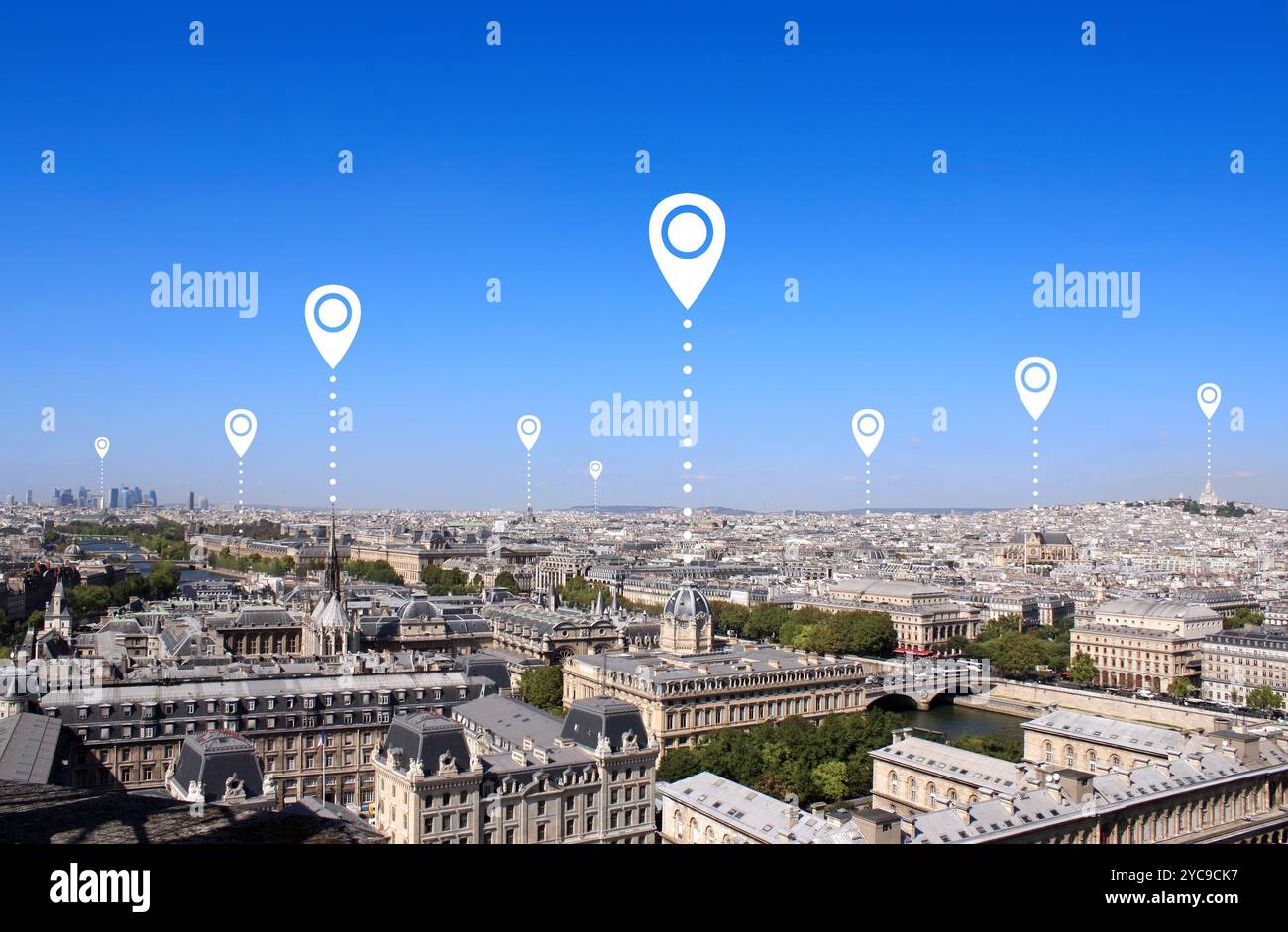 Network connection concept. Aerial view on old houses in Paris and ...