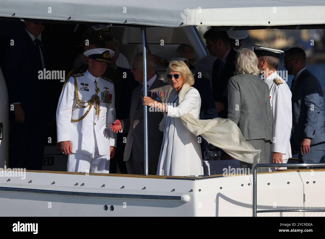 King Charles III and Queen Camilla onboard the Admiral Hudson yacht to ...
