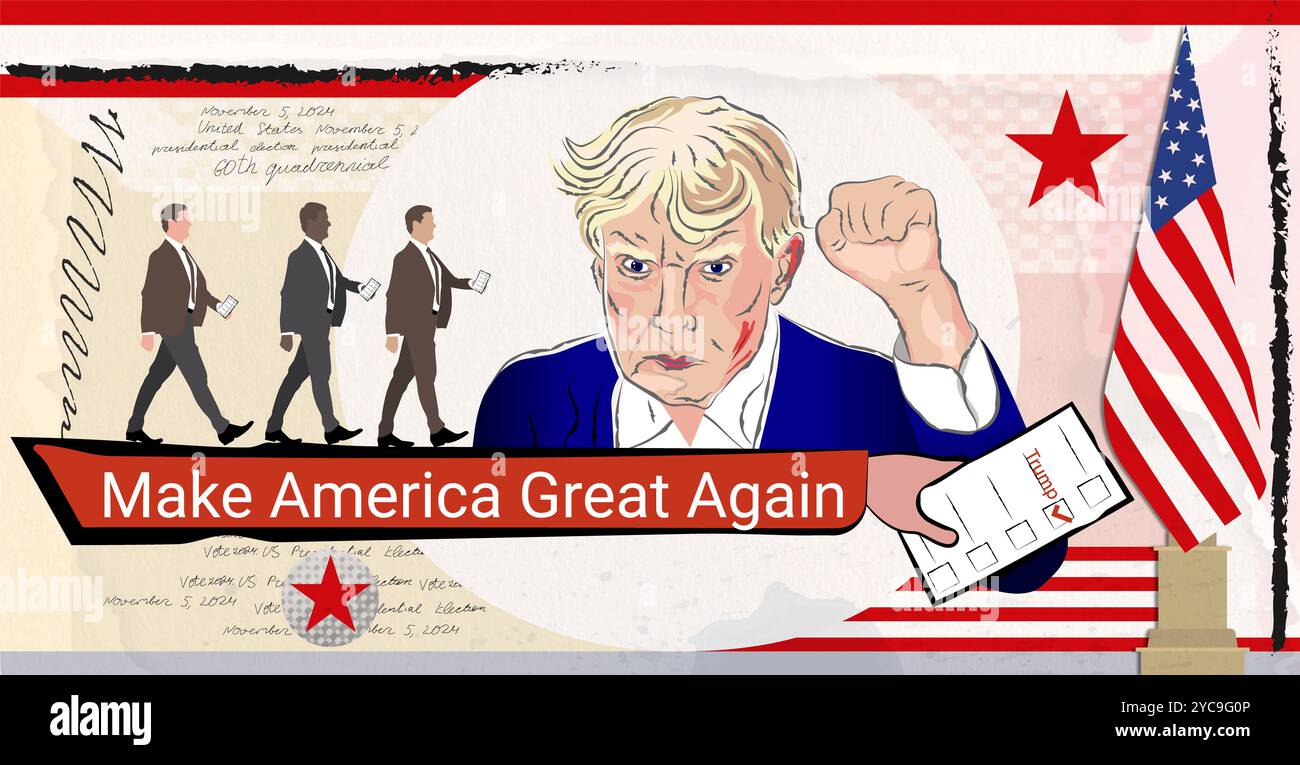 Portrait of Donald Trump and the text of his election campaign slogan ...