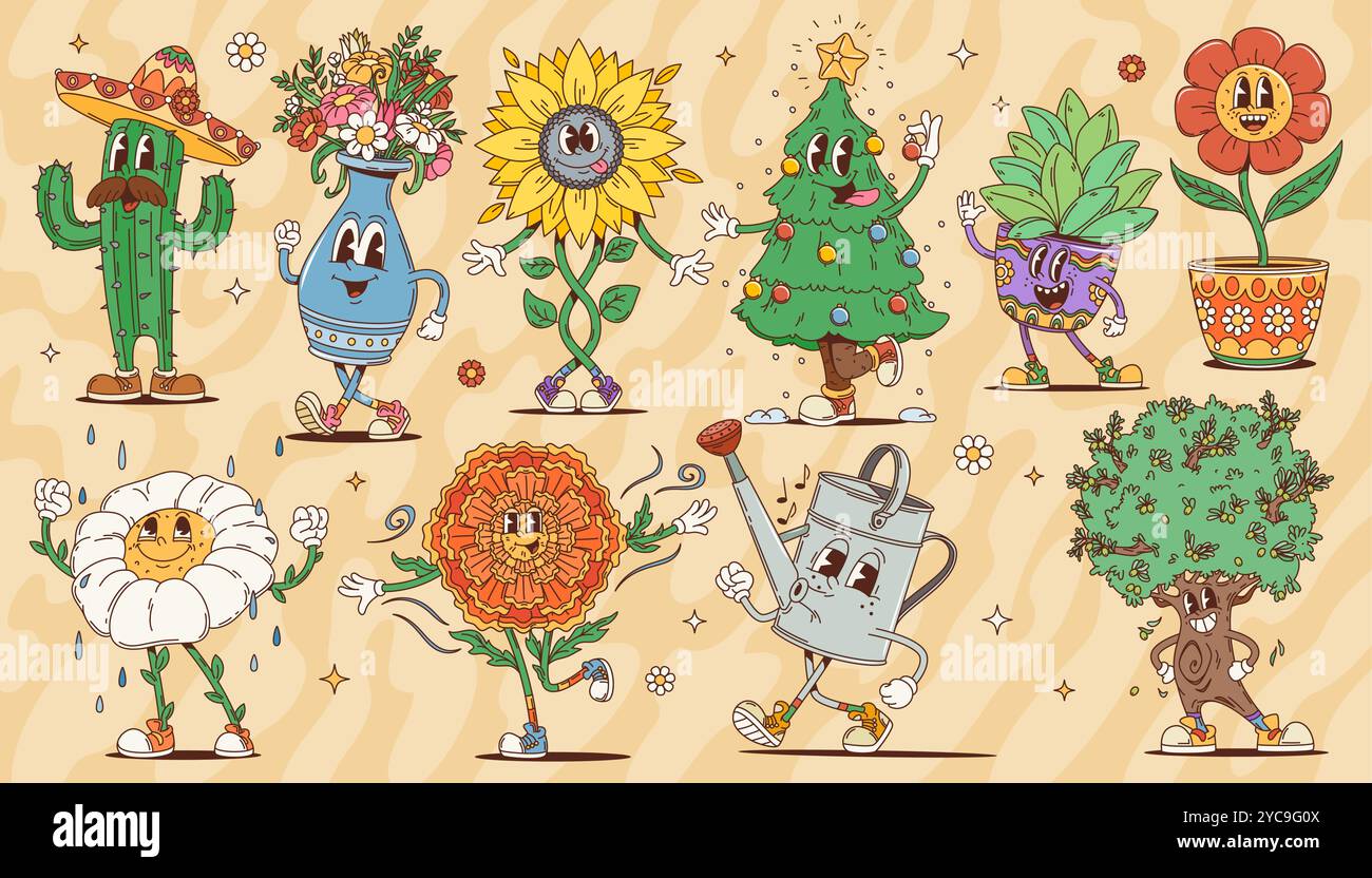 Cartoon groovy plant flower characters with happy smiling faces. Cute ...