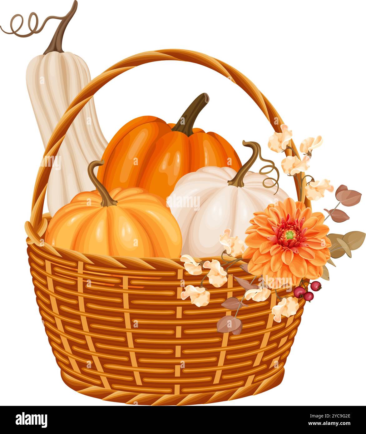 A vibrant autumn-themed vector illustration of a wicker basket filled ...