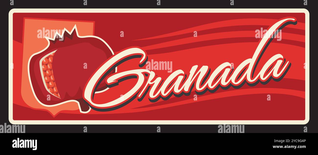 Spain Granada, retro tin sign with pomegranate, vector. Spanish city ...