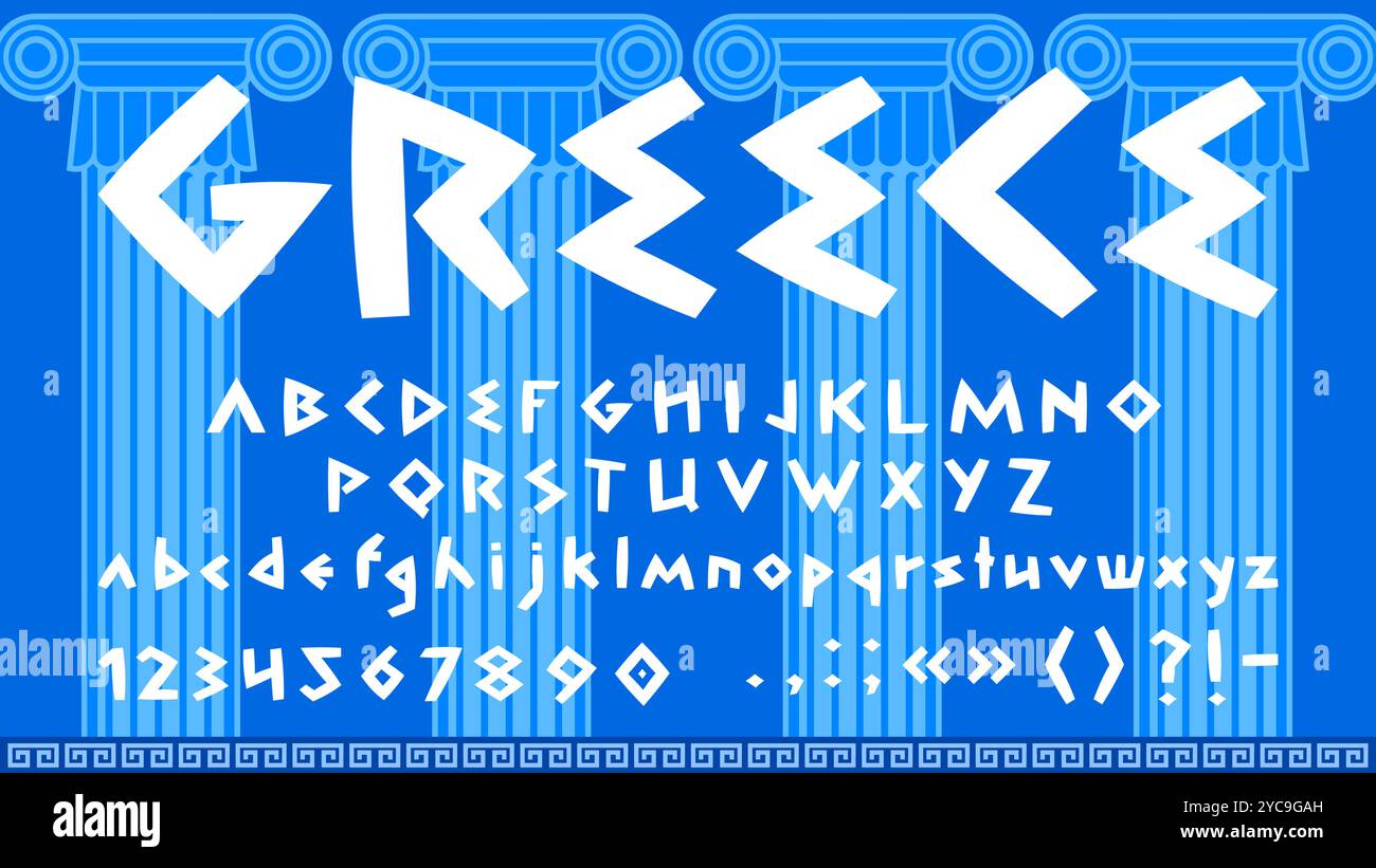 Blue greek style font, ancient Greece type alphabet letters and numbers ...