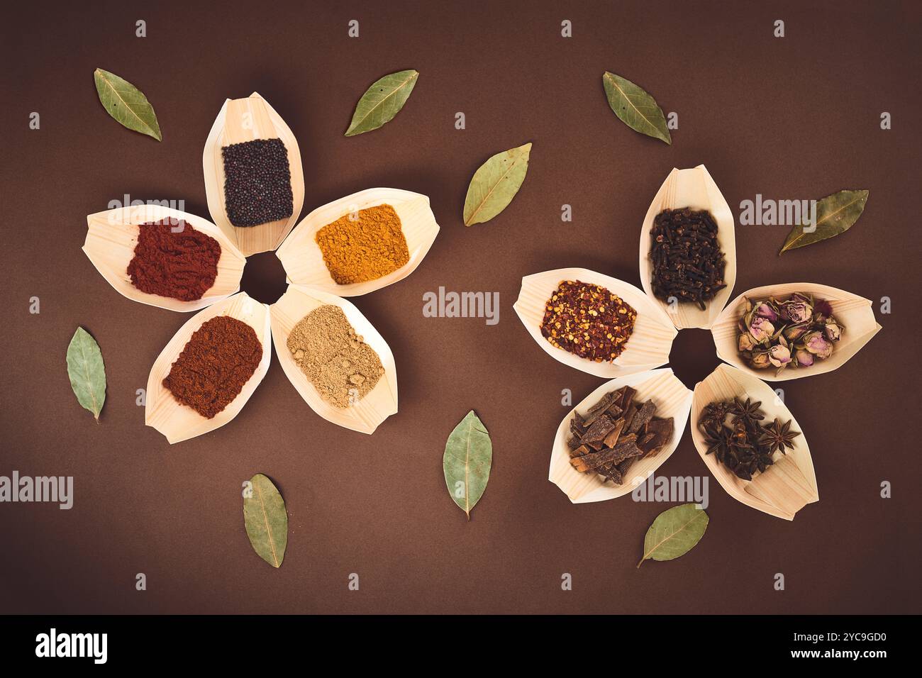 Spices, ingredients and selection of herbs seasoning on studio ...